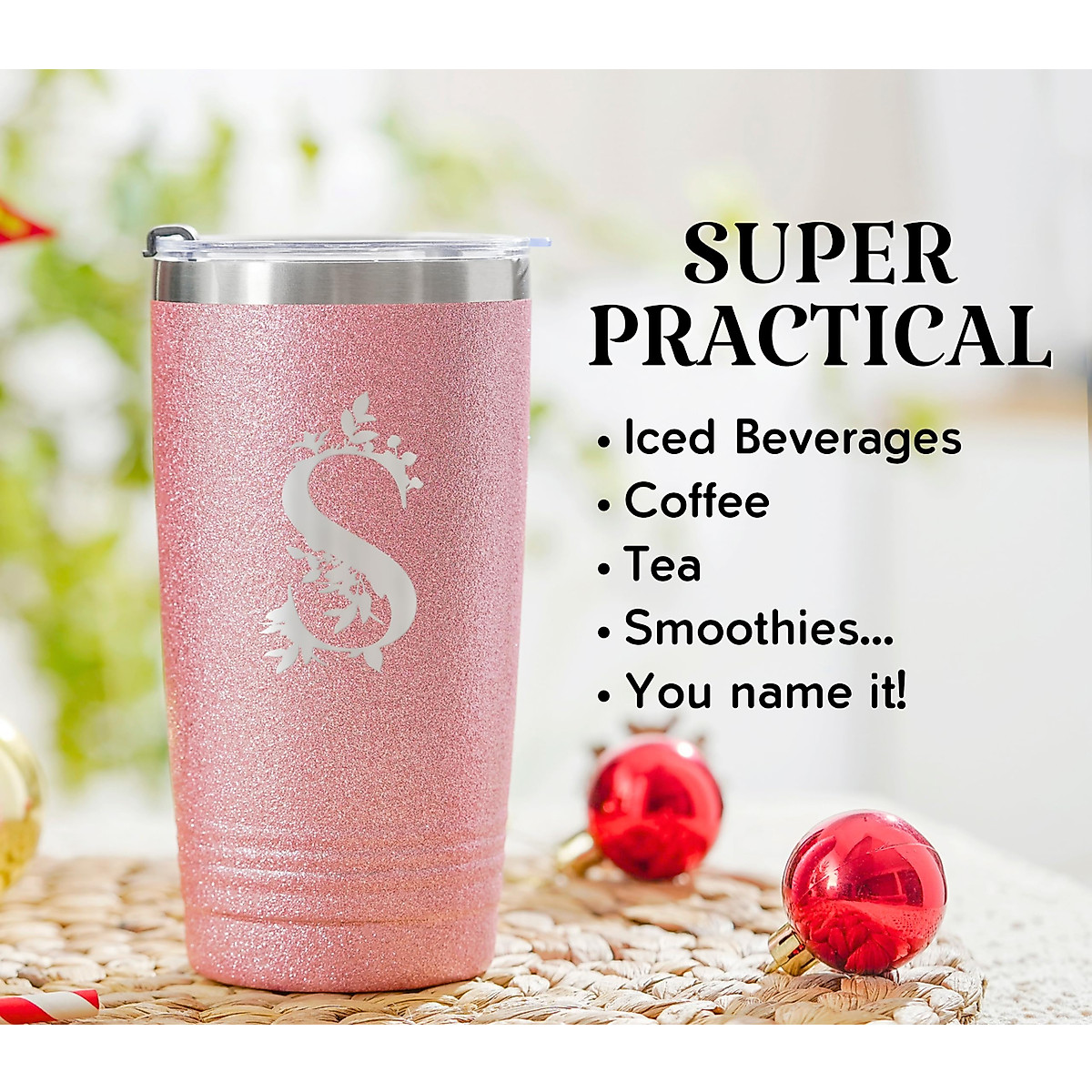 Personalized Tumblers with Lids and Straws for Women, Monogrammed Travel Mugs with Initials, Unique Gifts for Her on Birthdays Xmas, Rose Gold, S