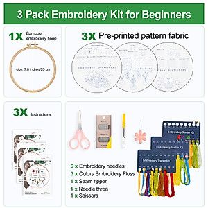 Embroidery Kit Beginners Embroidery Stitch Practice kit, chfine 3 Sets Hand Embroidery Starter Kit with 1 Hoop Learn 25 Different Stitches for Craft Lover Adult Stitch with Embroidery Skill Techniques