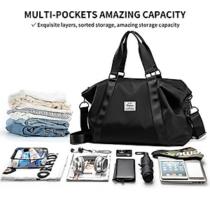 Travel Duffel Bag,Sports Tote Gym Bag,Shoulder Weekender Overnight Bag for Women with Wet Pocket,Black(No Luggage Strap)