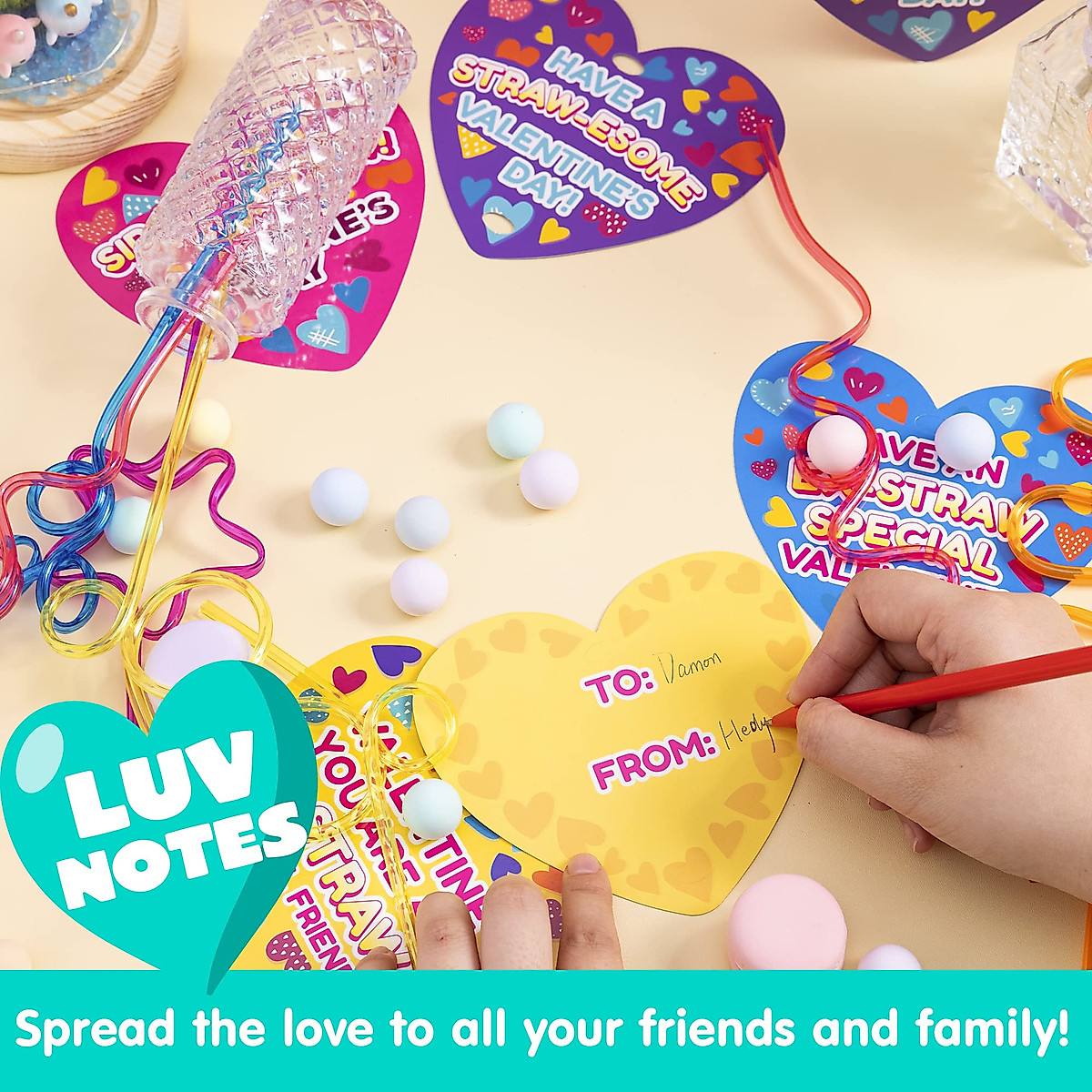 JOYIN 28 Pack Valentines Day Gift Cards with Gift Colorful Crazy Loop Reusable Drinking Straws for Classroom Exchange Prizes, Valentine Party Favors Toy