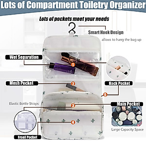 L&FY Toiletry Bag-Portable Haning Toiletry Bag For Women-Travel Makeup Organizer Cosmetic Bag with Compartment,Stury Hook (White Cactus/Travel Bag)