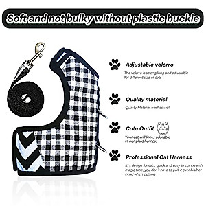 Yizhi Miaow Cat Harness and Leash for Walking Escape Proof, Adjustable Cat Walking Vest Harness, Stylish Cat Jacket Black Plaid, Large