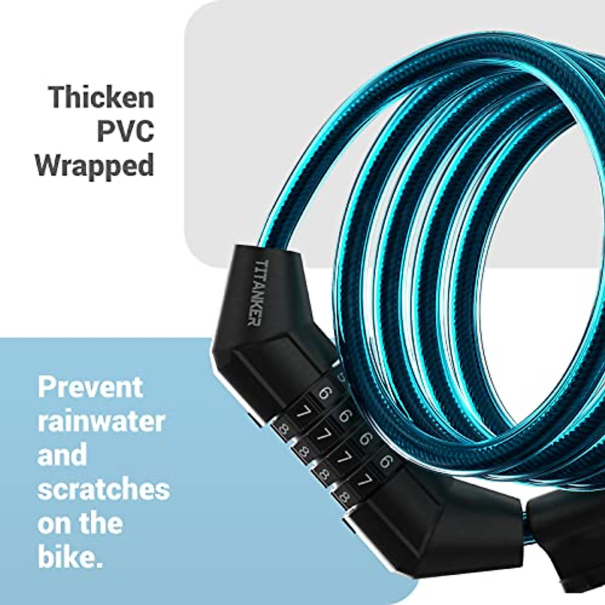 Titanker Bike Lock Cable, 4 Feet Bike Cable Lock Basic Self Coiling Kids Bike Lock Combination with Complimentary Mounting Bracket, 5/16 Inch Diameter (4FT, Blue-8mm)