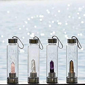 ChezMax Crystal Glass Water Bottle Energy Quartz Gemstone Water Bottle with Changeable Natural Crystal Center for Healing and Wellness