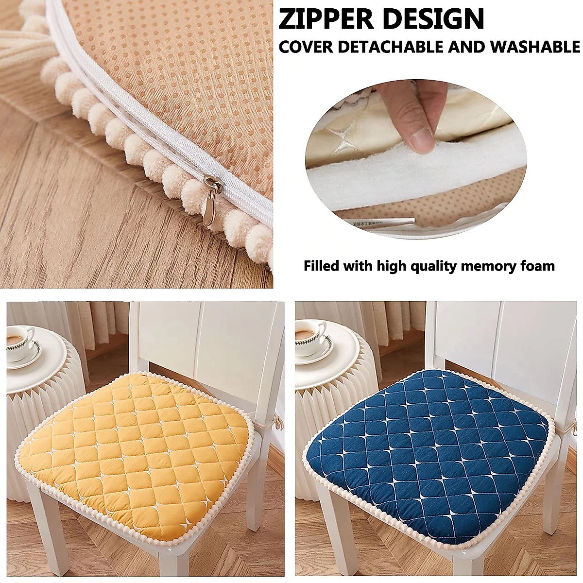 YSCO Chair Cushions for Dining Chairs 4 Pack, Kitchen Chair Pads Non Slip, Seat Cushion for Dining Room with Ties, U Shape Kitchen Seat Pads Plaid Pattern, 18x18 Dining Chair Cushions Set Beige