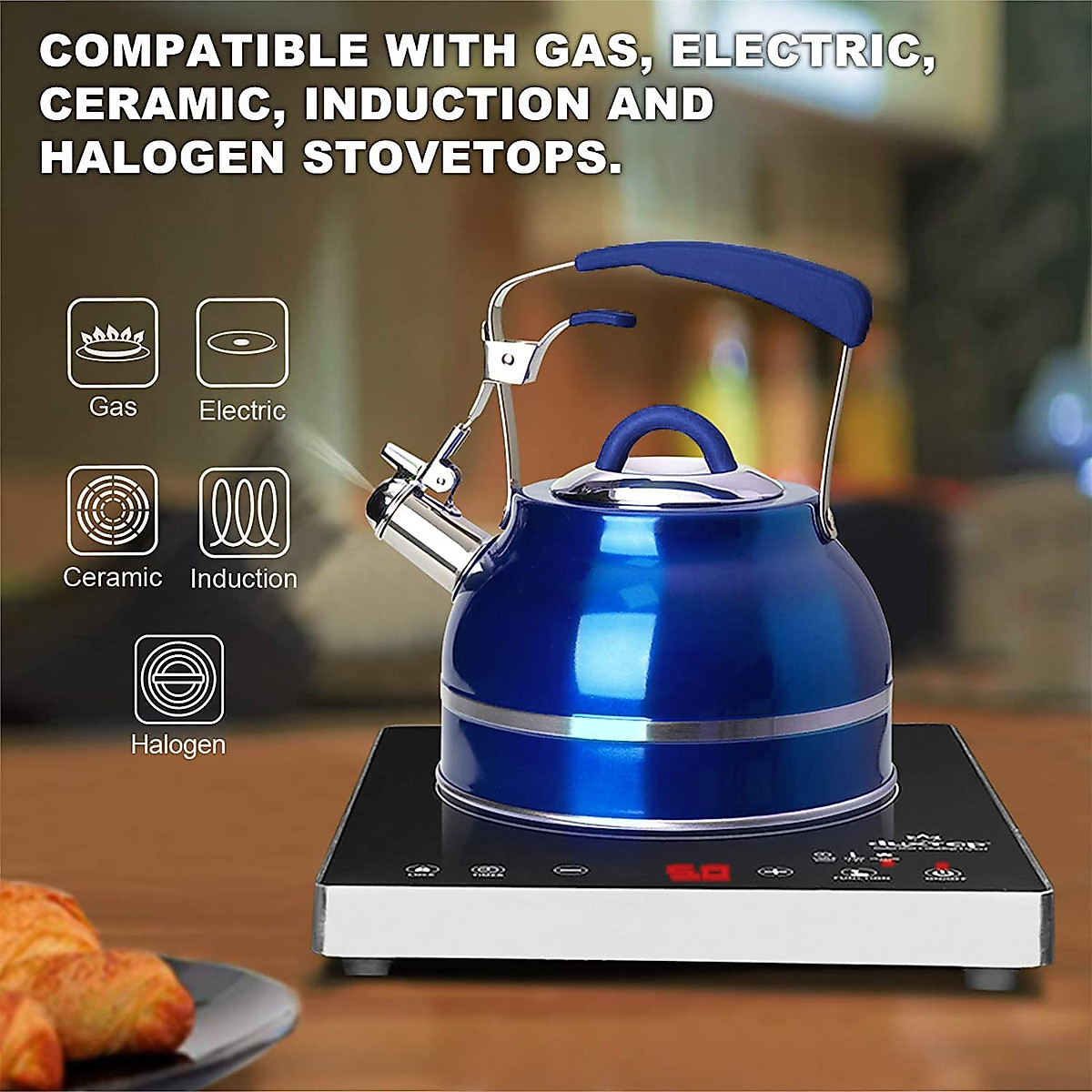 Secura Whistling Tea Kettle, 2.3 Qt Hot Water Kettle, Stainless Steel Tea Pot for Stovetops, Blue Teakettle, Tea Infuser with Silicone Handle, Silicone Trivets Mat