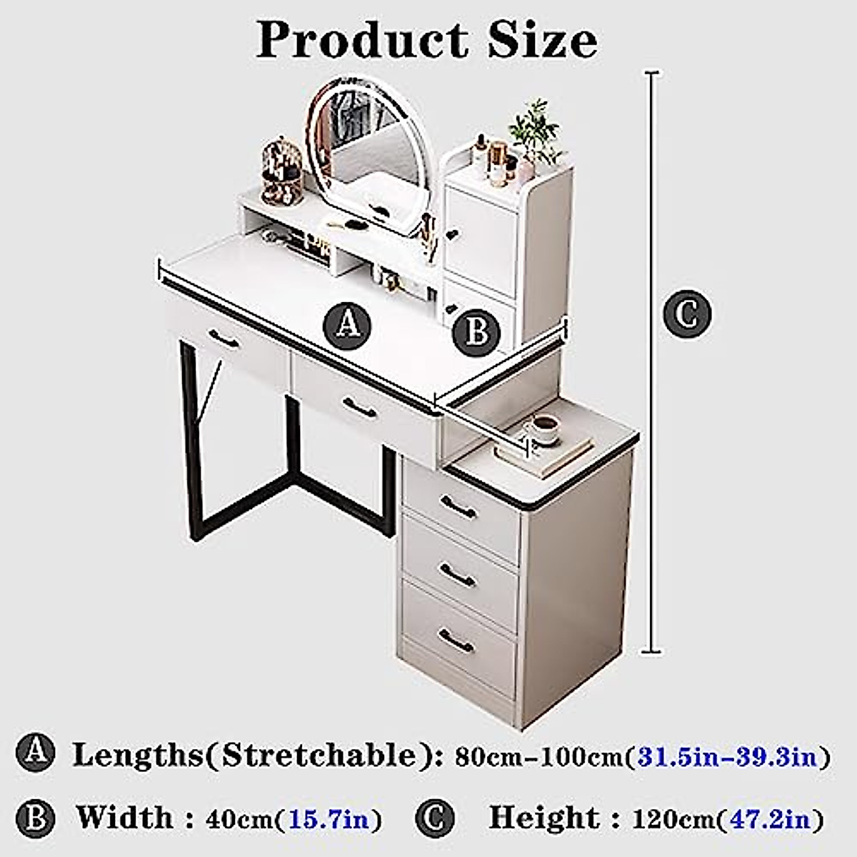 Makeup Desk With Drawers and Mirror Light Make Up Vanity Station Brightness Adjustable Vanity Table Set With Lots Storage Hidden And Open Storage Shelves White Vanity Desk Vanity for Women Girls