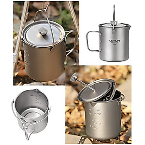 Lixada Titanium Pot 750ml Camping Titanium Coffee Cup Mug French Press Pot Coffee Maker Outdoor Camping Cooking Pot with Folding Titanium Spoon