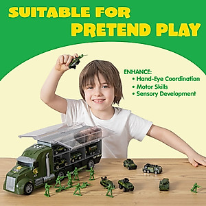JOYIN 25 in 1 Green Military Big Truck Toys, Army Men Tanks Set with Soldier Men, Mini Battle Car Toy in Carrier Truck with Lights and Sounds, Gifts for Toddler Kids Boys Ages 3+