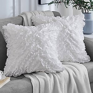 Leeden 18x18 Pillow Covers, Cushion Throw Pillow Cover Pillowcase Set of 2, Farmhouse Decorative Cushion case, 3D Design Handmade Pillowcase with Ruffles, White