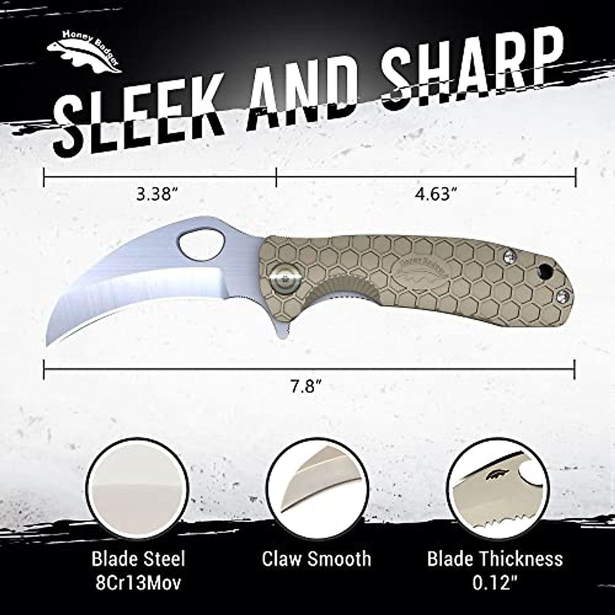 Western Active Honey Badger Pocket Knife, EDC Claw Hawkbill Folding Utility Knife, EDC Knife with Stainless Steel Blade, Claw Pocket Knives, Reversible Pocket Clip - 3.4" (Claw Smooth Large Tan)