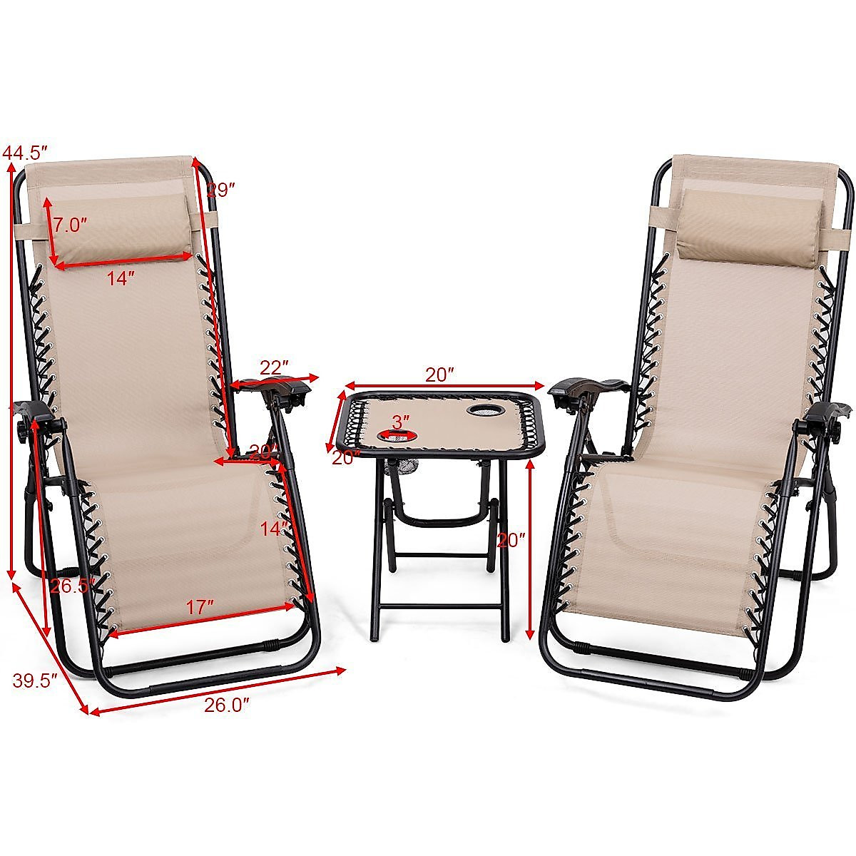 Giantex 3 PCS Zero Gravity Chair Patio Chaise Lounge Chairs Outdoor Yard Pool Recliner Folding Lounge Table Chair Set Backyard Lounge Chairs (Beige)