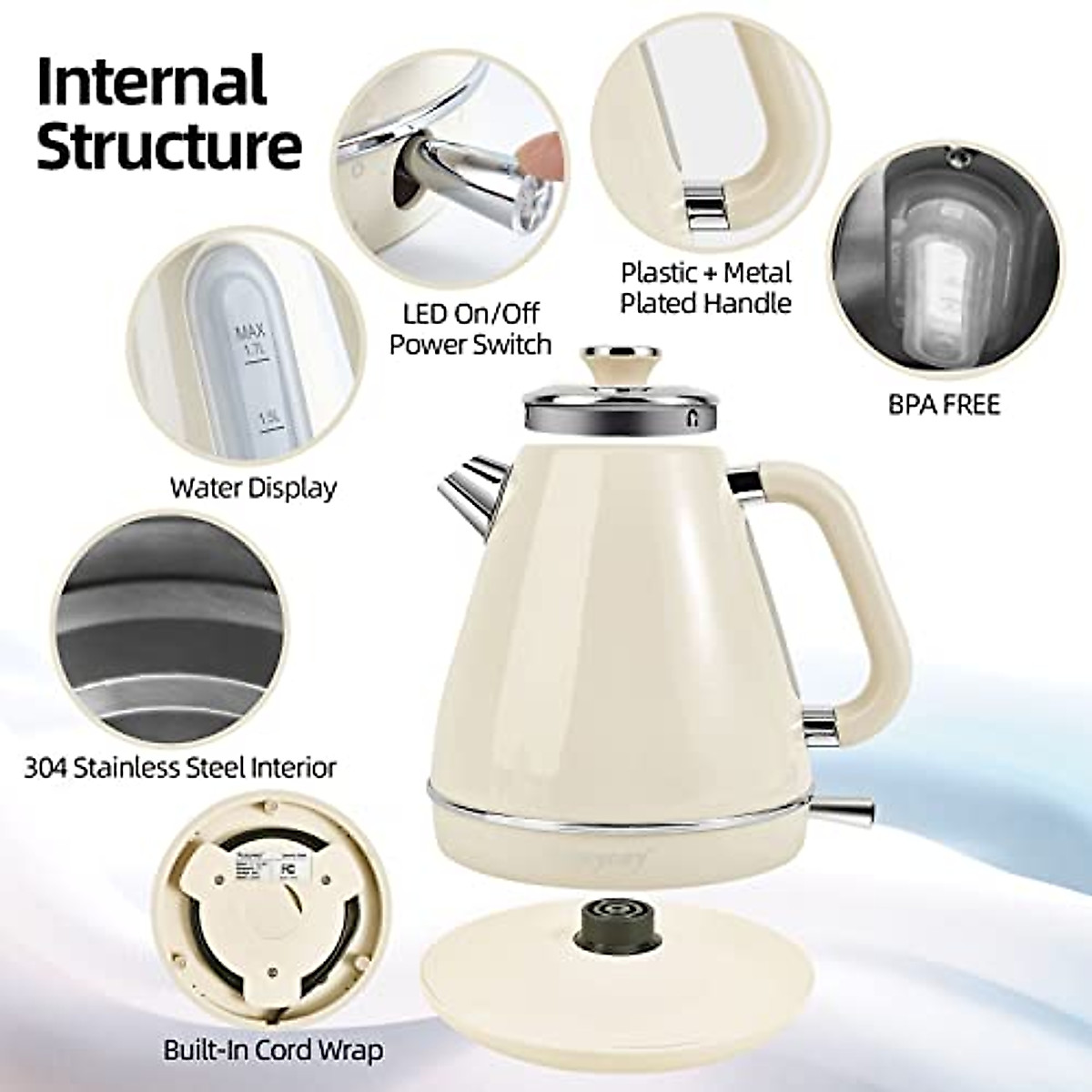 Pateyney Electric Kettle,Tea kettle,1.7 Litre retro style kettle,Kitchen Countertop Coffee Tea Hot Water Kettle,Double Wall 304 Stainless Steel BPA Free Hot Water Boiler,Auto Shut-Off and Boil-Dry Protection (Cream)