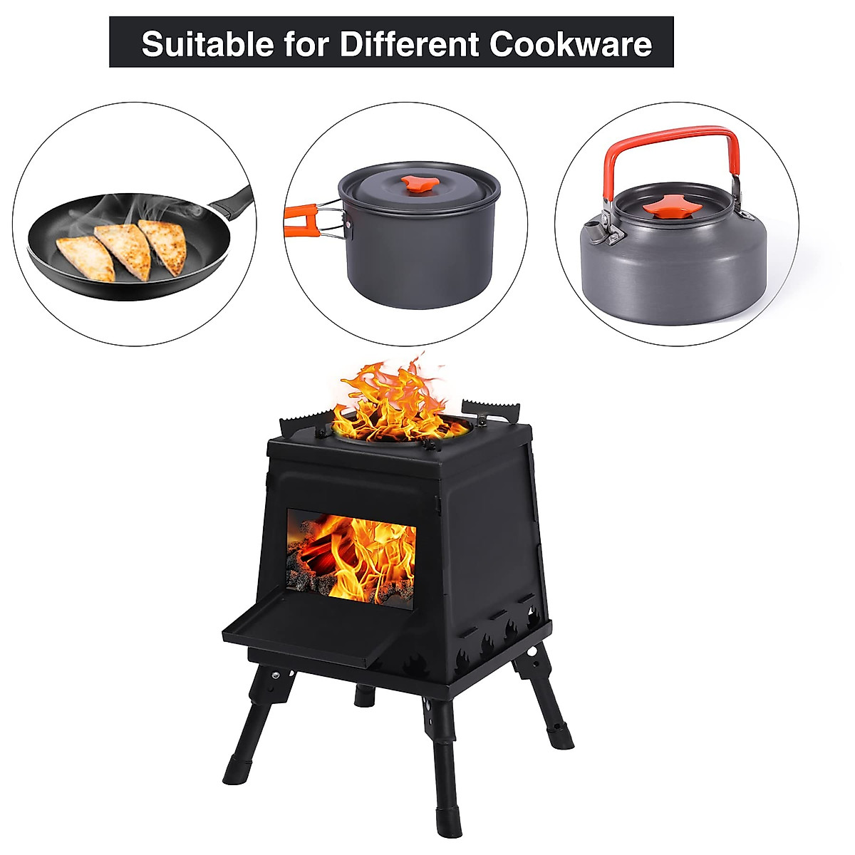 Lineslife Wood Burning Camp Stove, Portable Cast Iron Camping Wood Stove, Black Woodstove with Carrying Case for Backpacking Outdoor Cooking, Large