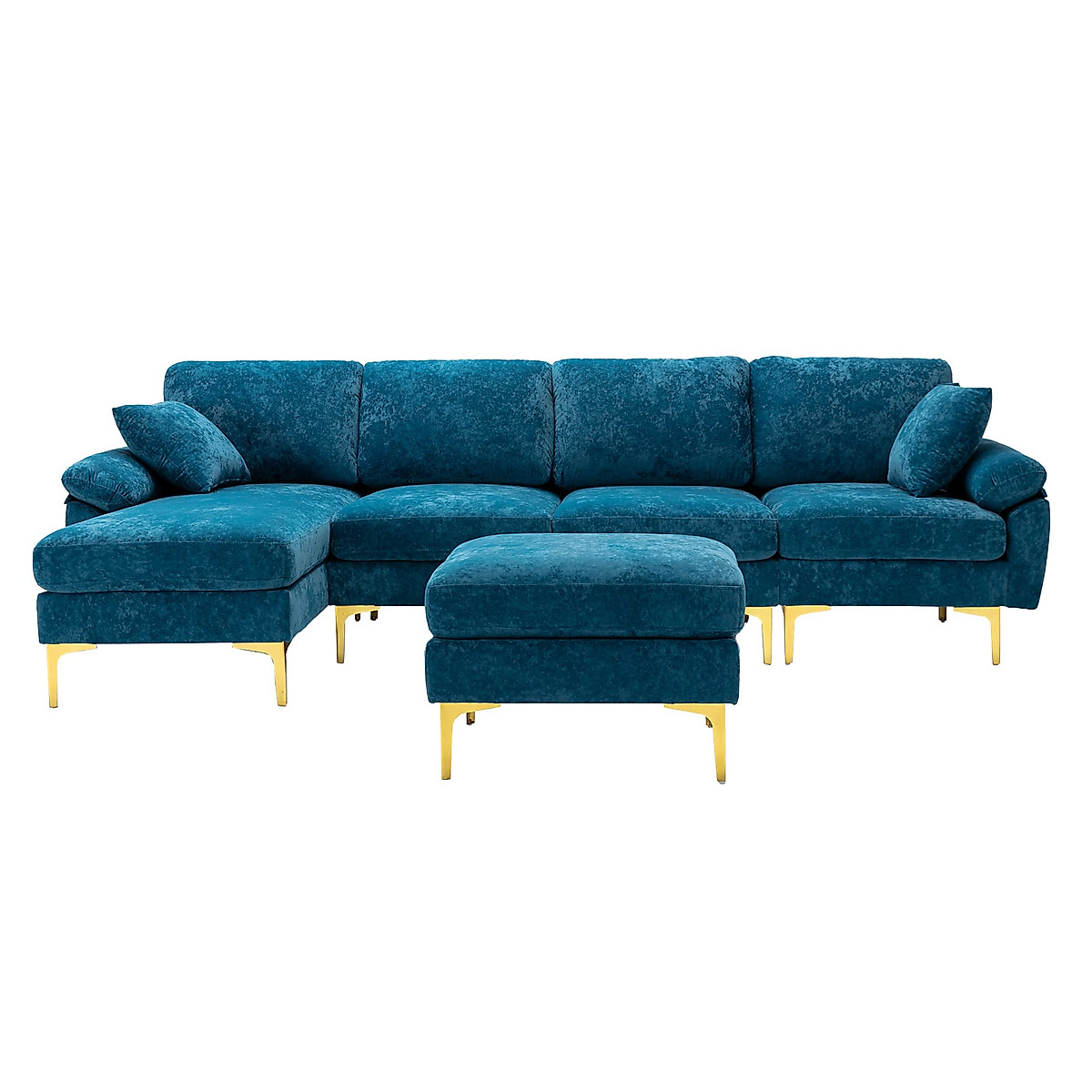 Pvillez Sectional Sofa with Chaise Lounge and Ottoman,Large Convertible Couches Set for Living Room,Plush Fabric L-Shape Couch with Golden Legs