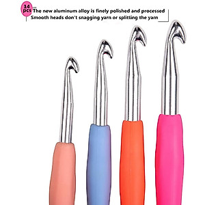 YOKER 14 Sizes Crochet Hooks Set,2mm(B)-10mm(N) Ergonomic Crochet Needles with Case Soft Grip Handles Yarn for Arthritic Hands, Extra Long Crochet Needles Kit (14 Sizes Crochet Hooks Set)