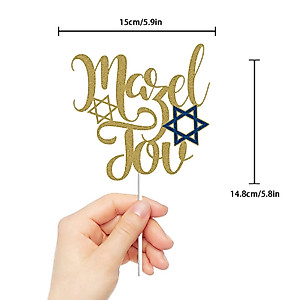 Mazel Tov Cake Topper Gold Glitter Jewish Birthday Chanukah Holiday Cake Decoration Hebrew Congratulations Hanukkah Star of David Party Supplies