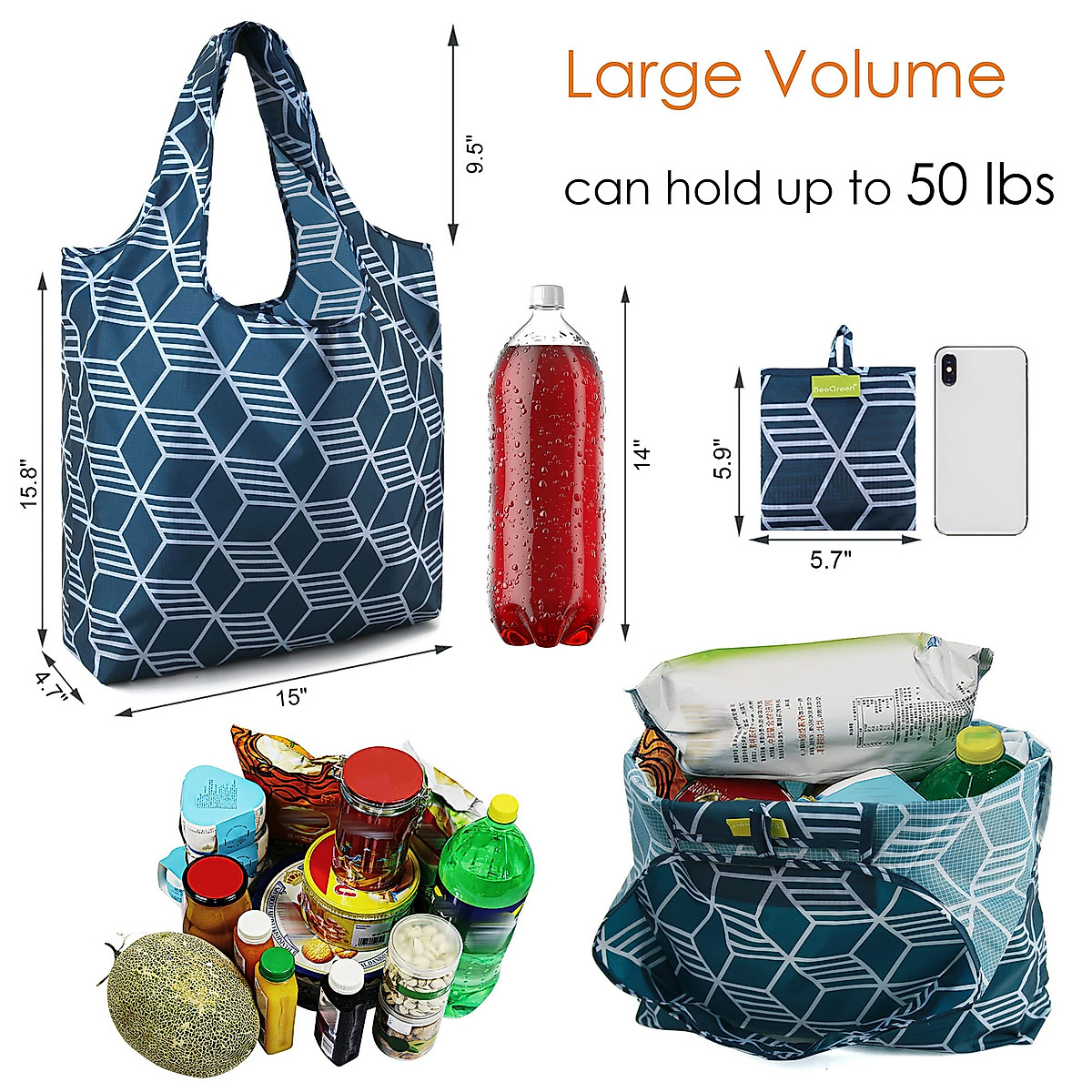 BeeGreen Geometry Reusable-Grocery-Bags Bulk 2 Pack. Tearing-Prevent Material Reusable-Shopping-Bags Extra Large for 50LBS Heavy-duty Sturdy. Foldable Machine-Washable-Nylon Gift for Women