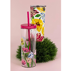 Kate Spade New York Acrylic Tumbler with Lid and Straw, 24 oz Tumbler, Slim Double Wall Tumbler, Dragonfly Tulip