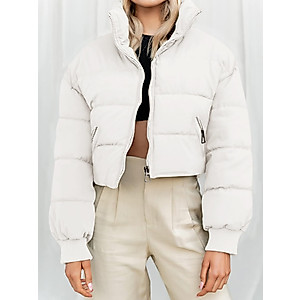 MEROKEETY Women's Winter Cropped Puffer Jacket Long Sleeve Oversized Stand Collar Zip-Up Short Down Coat