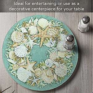 CounterArt Coastal Wreath 4mm Heat Tolerant Tempered Glass Lazy Susan Turntable 13” Diameter Cake Plate Pizza Server