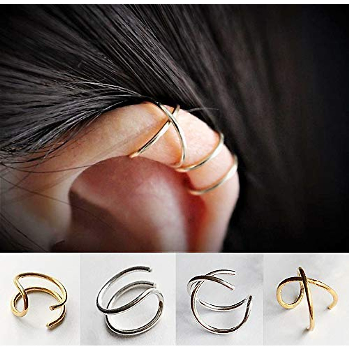 Minimalist 4 PCS S925 Sterling Silver Criss Cross Ear Cuff No Pierce Ear Cuff Sets Double Simple Lines Ear Cuff Fake Cartilage Earring Helix Piercing（4PCS）