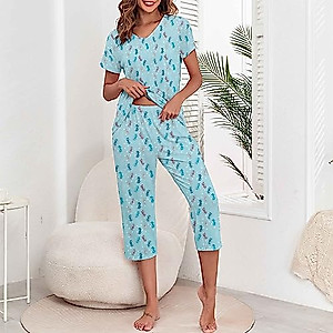 Women Summer Pajamas Soft Sleepwear Top with Capri Pants Ladies Short Sleeve Cotton Pajamas Sets Blue Butterfly X-Large