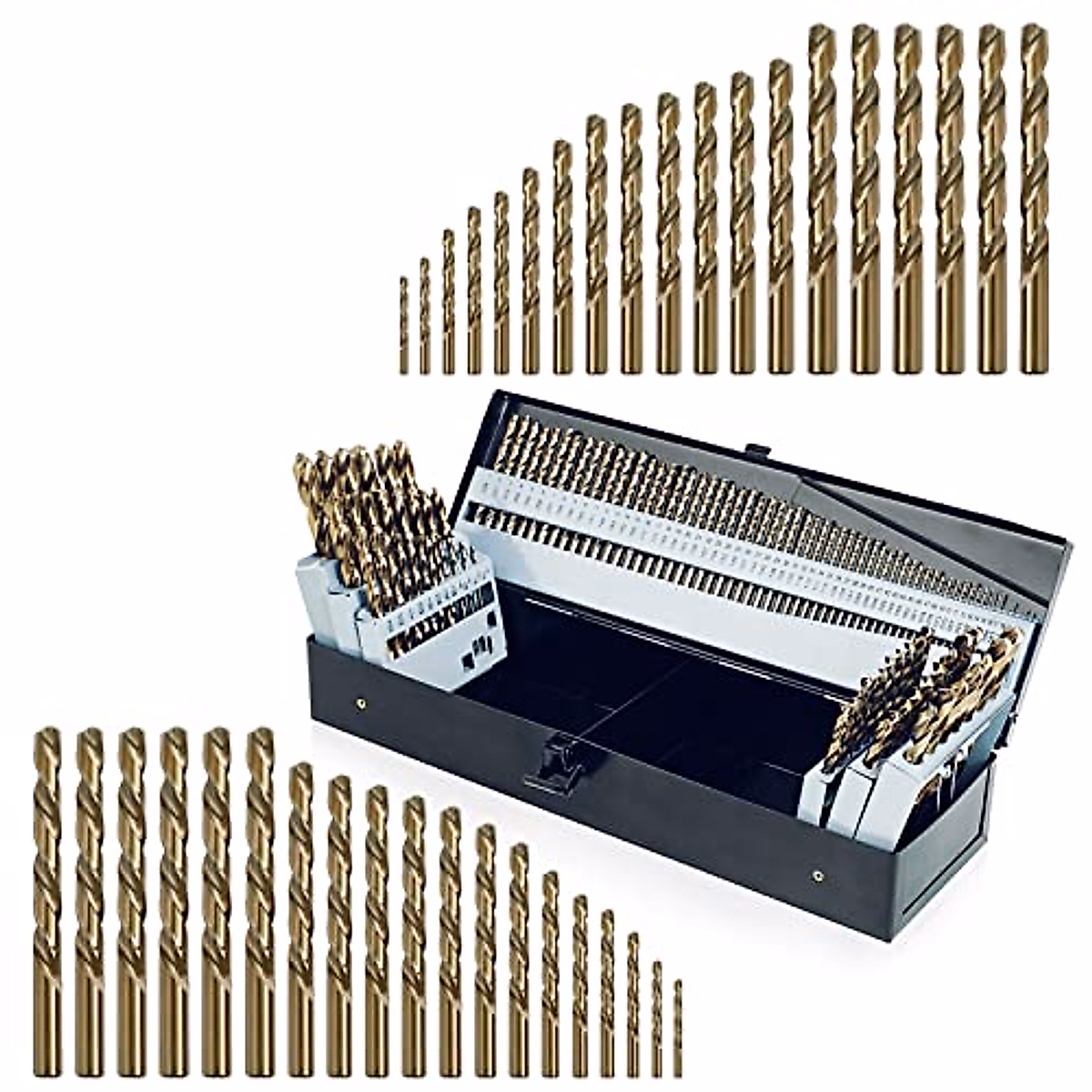 BeHappy Cobalt Drill Bit Set, 115Pcs M35 High Speed Steel Drill Bits, Twist Jobber Metal Drill Bit Set for Hardened Steel, Cast Iron, Plastic, Wood, Indexed Storage Case, 1/16"-1/2", A-Z, 1-60 Amber