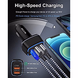 AILKIN 56W PD USB C Car Charger, Type-C Super Fast Power Charging Block 3-Port USB A & USBC Auto Cargador Carro Lighter Adapter for iPhone, iPad, Samsung Galaxy, LG, Google Pixel, Moto, USB-C&A Port
