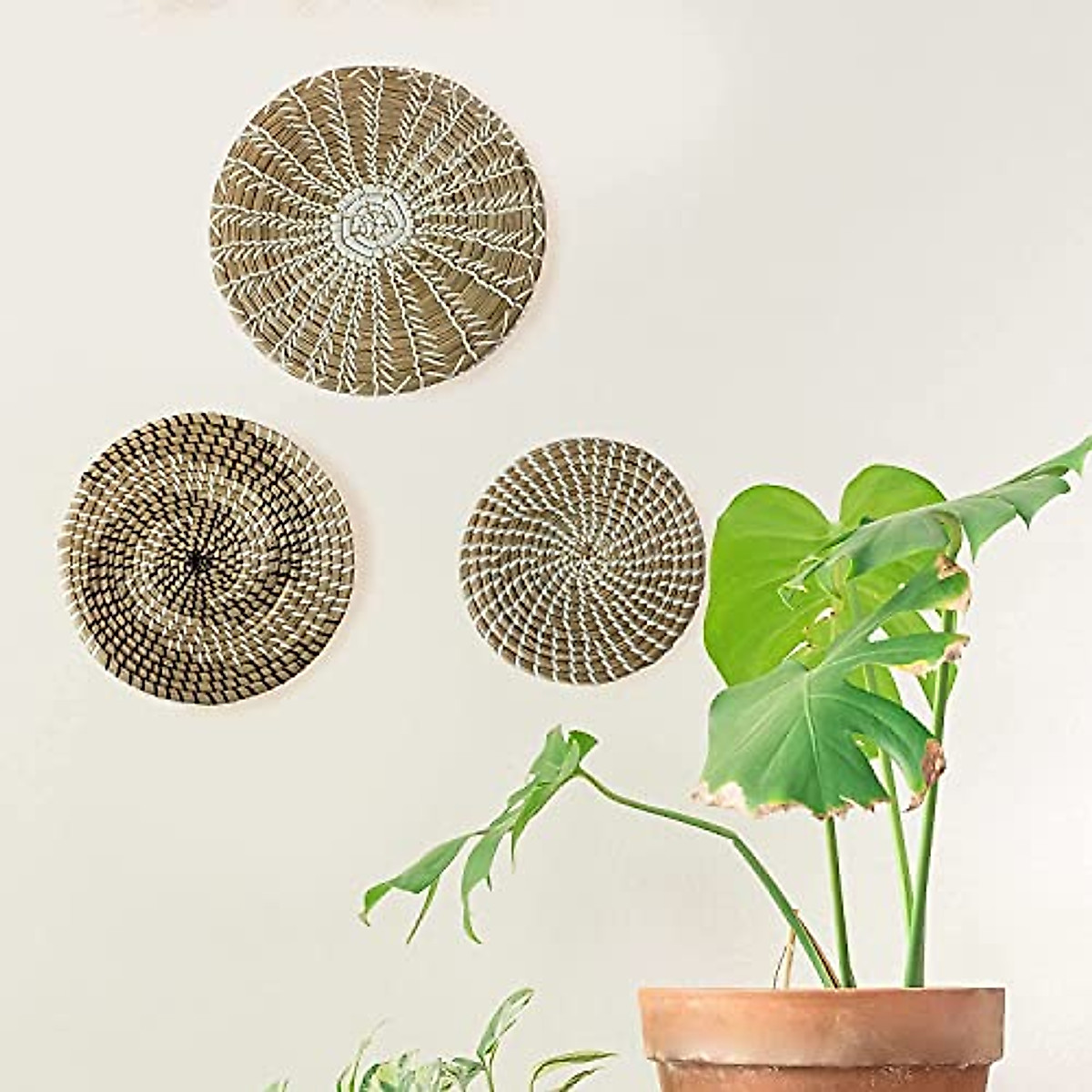 Farmhouse Room Decor Basket- Set of 3 Wall Hanging Seagrass Shallow Basket - Handwoven Southwestern Decorative Tobacco Baskets (Rustic Mix)