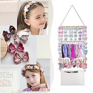 Nerien Headband Holder, Hair Bow Organizer for Girls Baby Toddler, Macrame Wood Hair Accessories Wall Closet Hanging Storage Display, for Hair Ribbons Ties Clips, with 20 Pcs Hooks for Shower Room