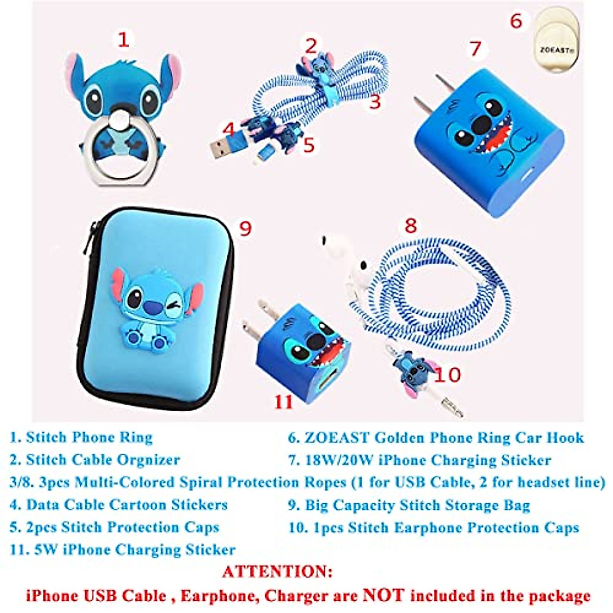 ZOSTLAND Stitch Set DIY Protectors Phone Ring Data Cable 5W/18W/20W USB Charger Line Earphone Wire Saver Protector Compatible with iPhone 5 6 7 8 Plus X 11 12 13 14 Max iWatch (Upgrade Styles, Stitch)