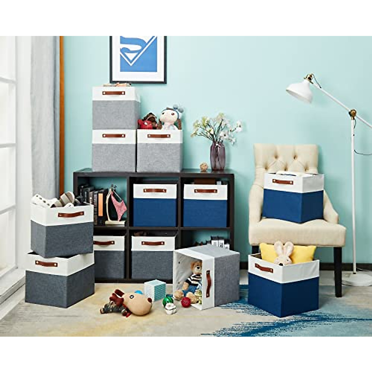 DECOMOMO 13 inch Cube Storage Bins 13 X 13 Storage Cubes, Fabric Cube Storage Bin for Clothes Toys Books Shelves Closet Bedroom Bathroom Nursery (Grey and White, 4pcs)
