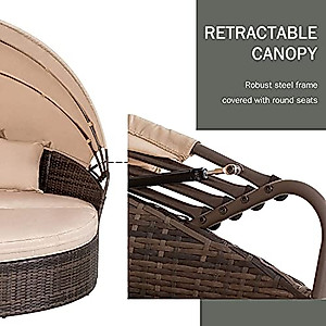 Cemeon Outdoor Round Daybed with Retractable Canopy, Brown Wicker Patio Furniture daybed Sets with Cushions for Patio, Backyard, Poolside