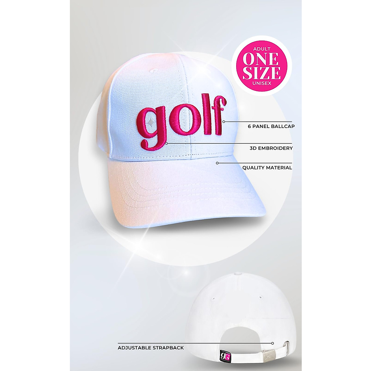 Women's Golf Hat White Ballcap with Pink Accent - Trendy Apparel for Woman, Adjustable Ball Cap, Women, Ladies Cute Golf Gear Apparel Caps - One Size Fits All Unisex