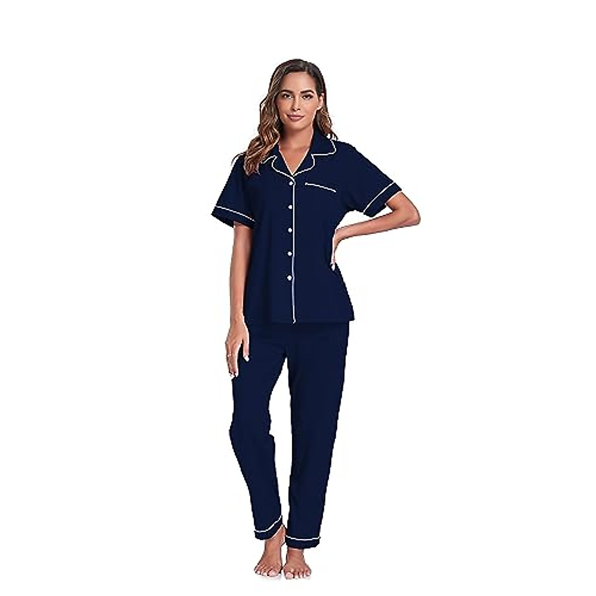 COLORFULLEAF Women's 100% Cotton Pajama Set Summer Button Down Short Sleeve Shirt and Long Pants Sleepwear Soft Lounge Sets(Navy Blue, L)
