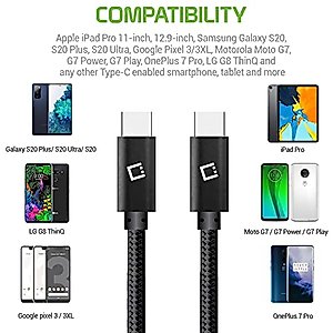 Dual USB-C/PD 60W Fast Charging Cord Compatible with ZTE Blade V20 Plus 5Gbps Data Transfer for Power Delivery Hi Capacity Charging (White)
