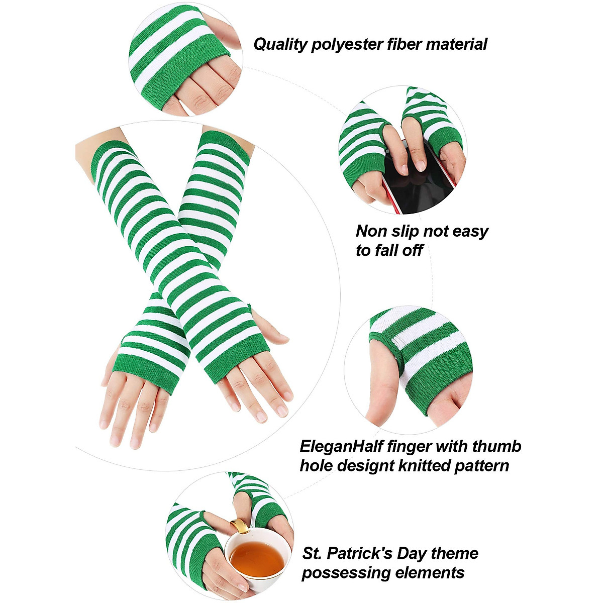 Blulu St Patrick's Day Knee High Socks Green Striped Fingerless Gloves Irish Arm Warmers