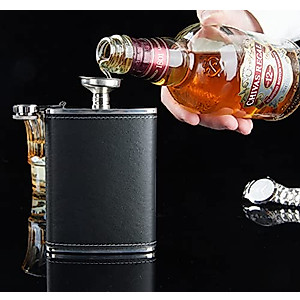 Hip Flask for Liquor Black Leather Flask 8 Oz 18/8 Stainless Steel Soft Touch Leather Wrap Flask Gift Set with 2 Cups & Funnel 100% Leak Proof Whiskey & Rum & Vodka Flasks for Men Women (Lain Weave)