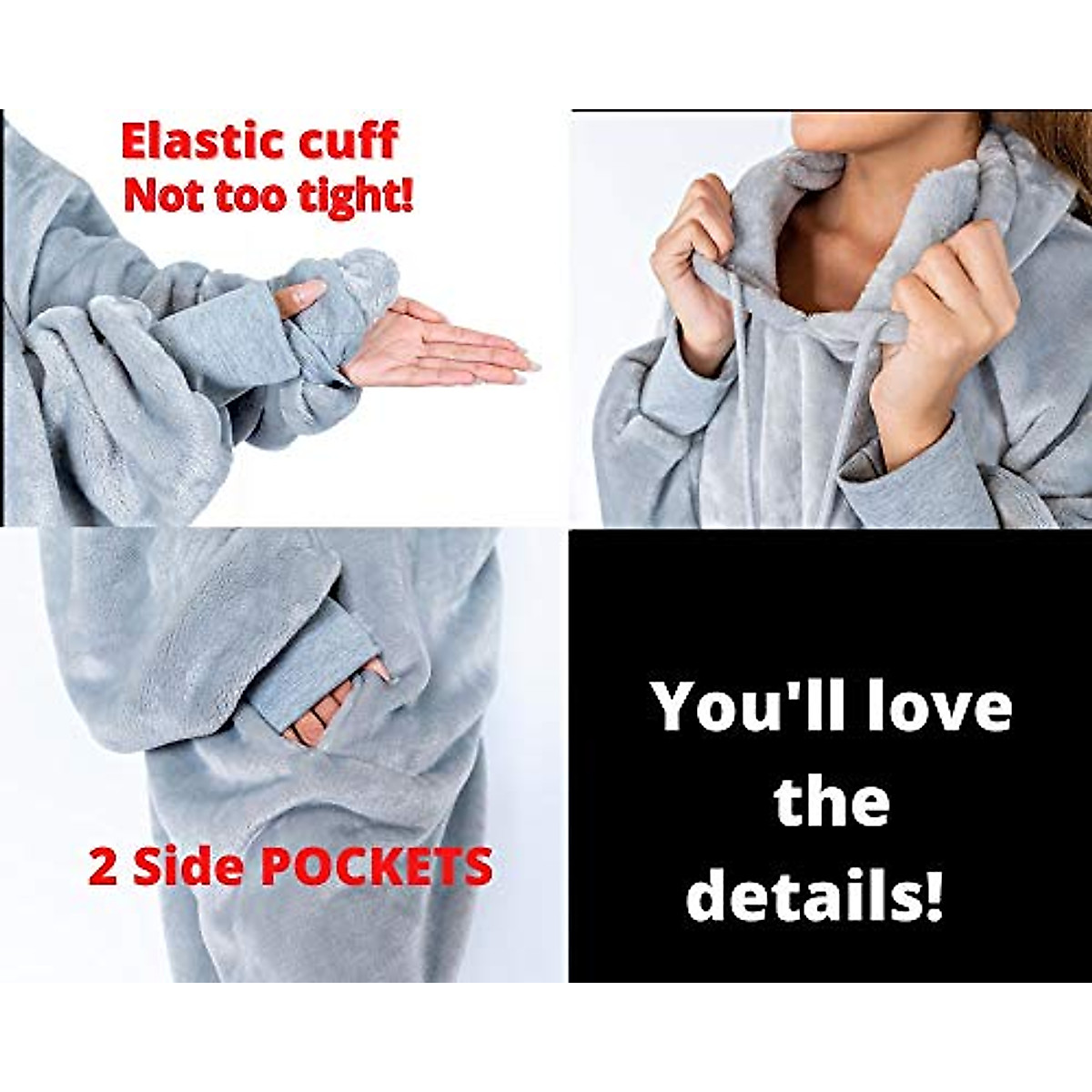 emmandsophie Blanket Sweatshirt - Cozy Blanket Hoodie - Oversized Wearable Blanket - 2 Front Pockets - Machine Washable - Adults, Women, Men,Teens (Grey)