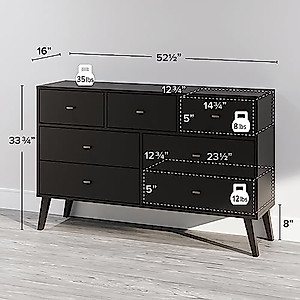 Prepac Milo Mid-Century Modern 7 Drawer Double Dresser for Bedroom, Wide Chest of Drawers, Contemporary Bedroom Furniture, 16" D x 52.5" W x 33.75" H, Black, BDBR-1407-1