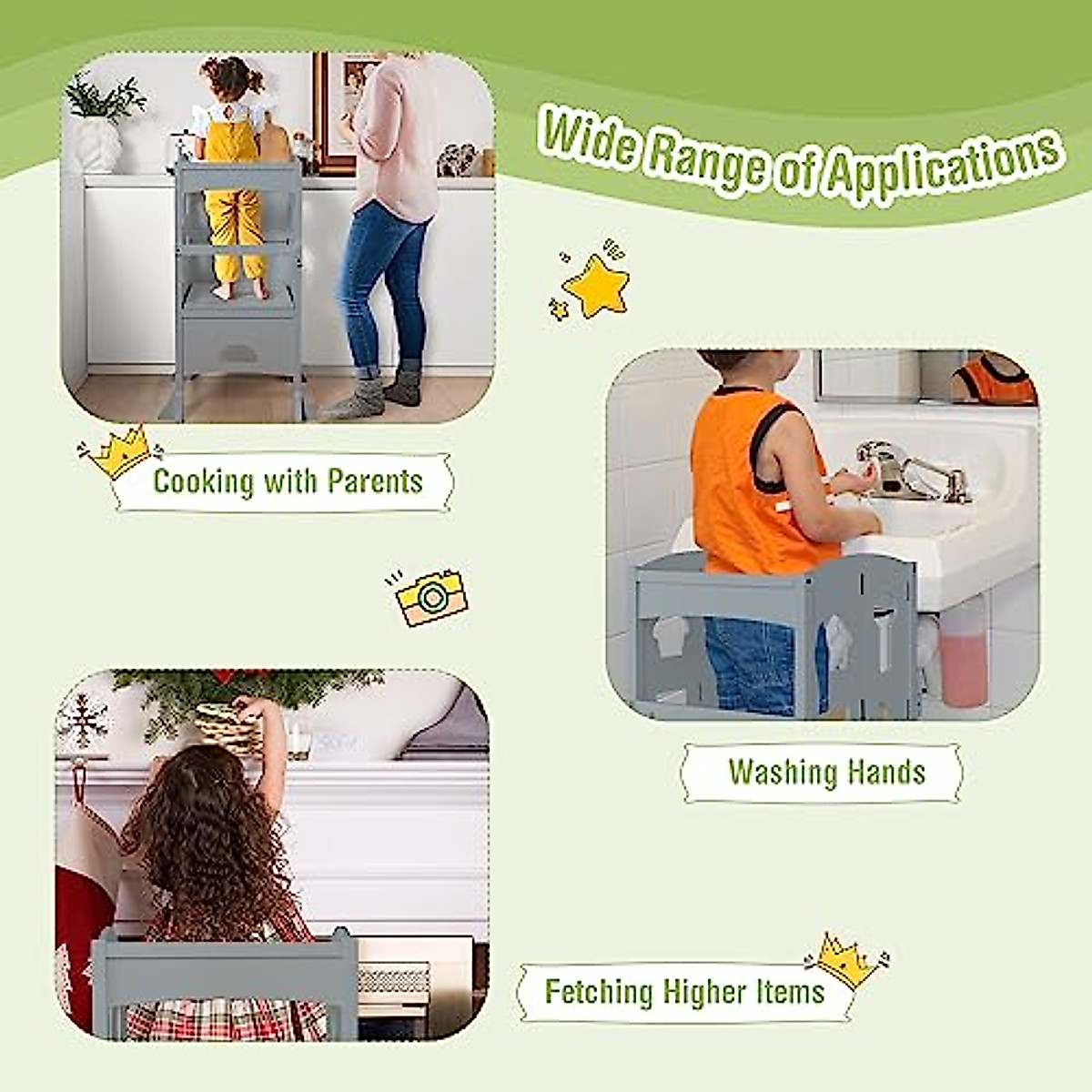 HONEY JOY Kitchen Step Stool for Toddlers, Children Wooden Standing Tower w/Safety Rail, Extra Kitchen Toys, Montessori Foldable Kids Learning Tower for Kitchen Counter(Gray)