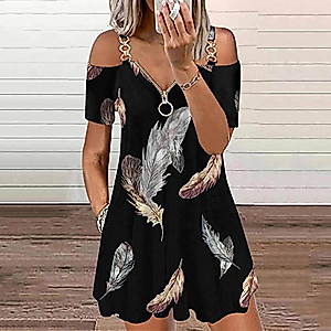SMIDOW Cruise Dresses for Women 2023 Summer Cold Shoulder Tshirt Mini Dress Sexy Zipper v Neck Feather Print Swing Sundress
