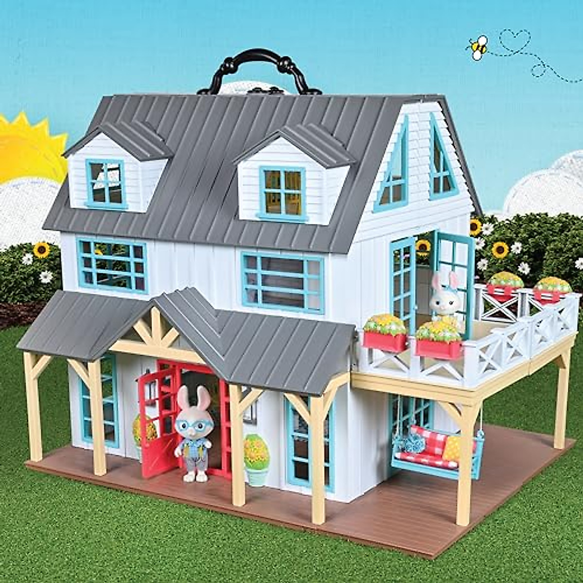 Sunny Days Entertainment Honey Bee Acres Buzzby Farmhouse – 49 Furniture Accessories with 2 Exclusive Figures | 15 Inch Dollhouse Playset | Pretend Play Toys for Kids