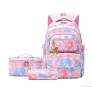 Gradient-Star Backpack and Lunch Bag Set for Girls School Bookbag and Lunch Box, Backpack Lunchbox Combo Girls, Star Print Backpack Set for Girls