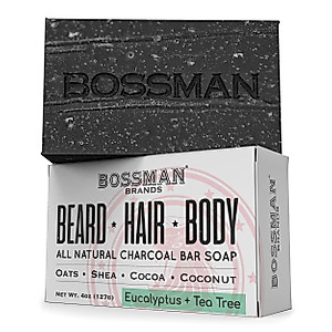 Bossman Men’s Bar Soap 4-in-1 – All Natural Organic Beard Wash, Shampoo, Body Wash, Shaving and Bath Soap - Essential Beard Care (4oz), Scent- Eucalyptus and Tea Tree