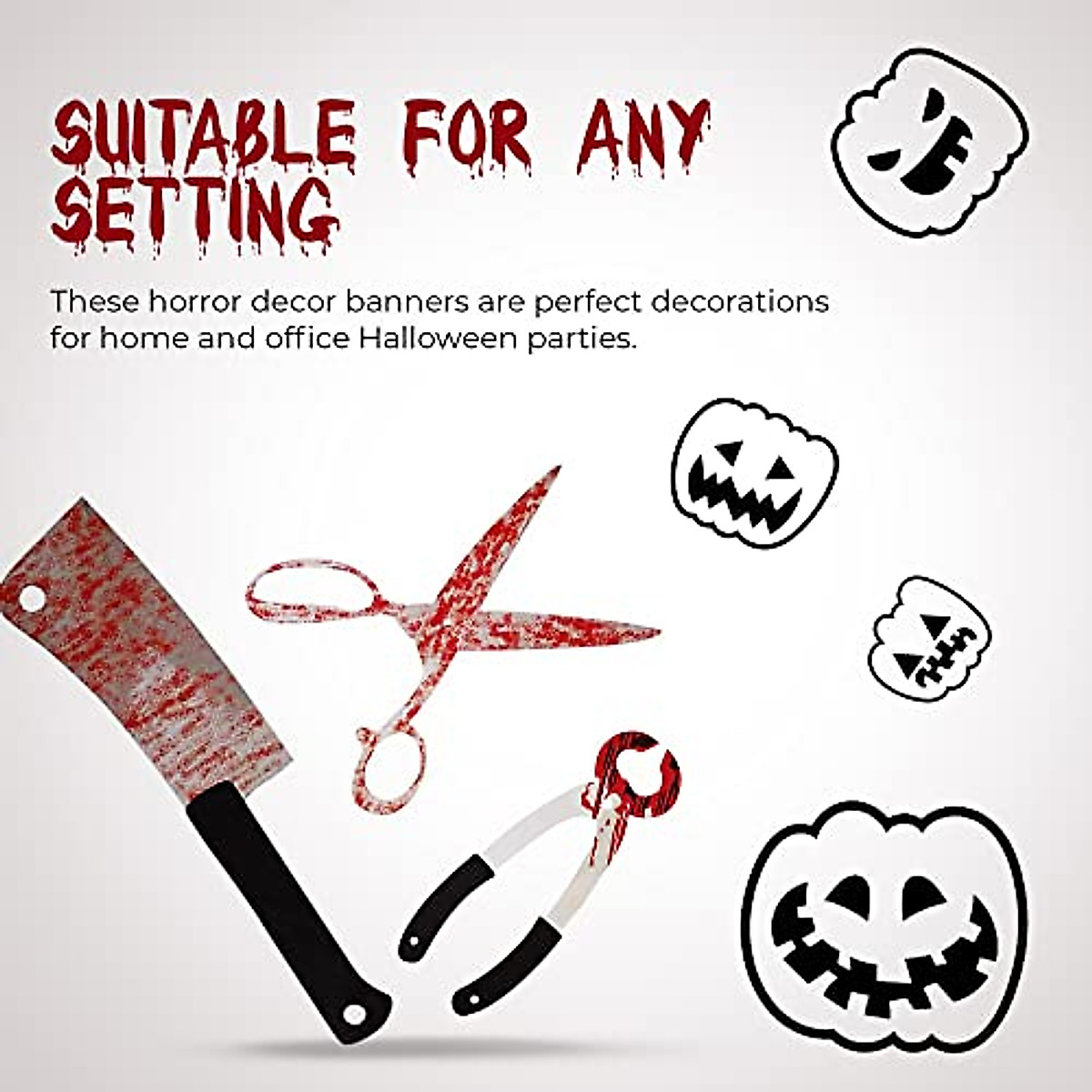 Boxgear 4-Pack Bloody Garland Banner - Fake Knives with Fake Blood Banner Halloween Decorations Outdoor - Includes Butcher Knife, Saw, Scissors, Weapons - Scary Halloween Party Decorations Supplies