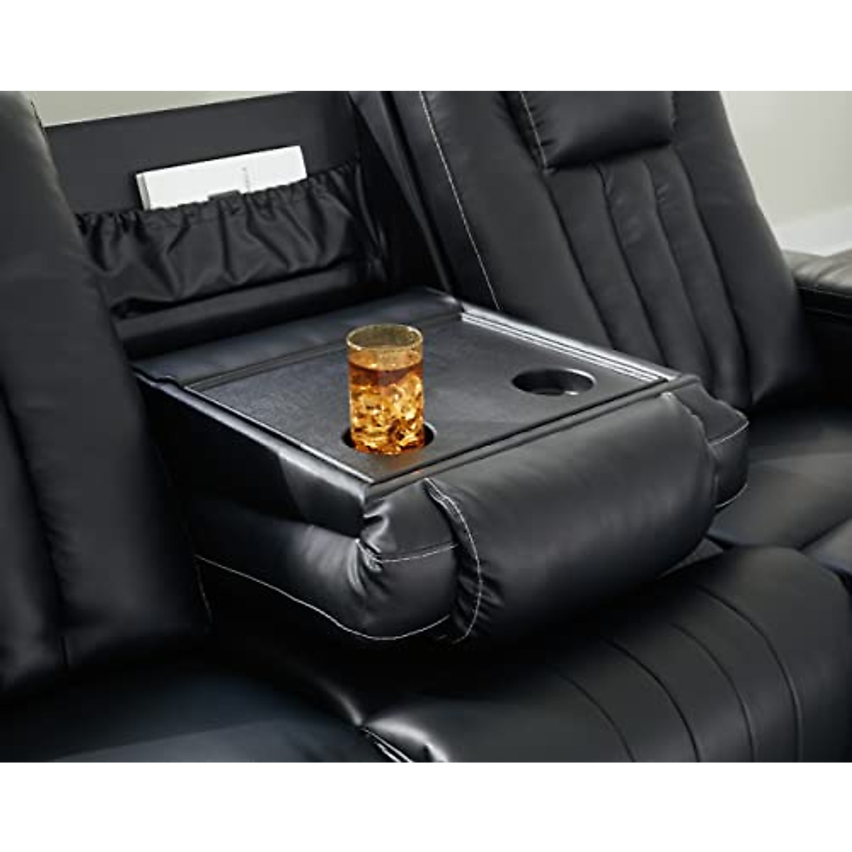 Signature Design by Ashley Center Point Contemporary Faux Leather Tufted Reclining Sofa with Drop Down Table, Black