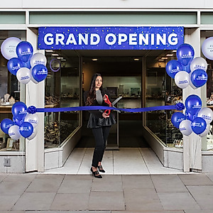 Deluxe Grand Opening Ribbon Cutting Ceremony Kit - 25" Giant Scissors with Blue Satin Ribbon, Banner, Bows, Balloons & More