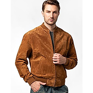 FLAVOR Men's Leather Baseball Jacket Vintage Suede Pigskin (Medium, Brown)